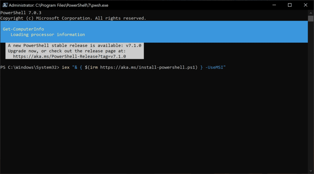 PowerShell V7:- Upgrade from V7.0.3 to V7.1.0 from the command line ...