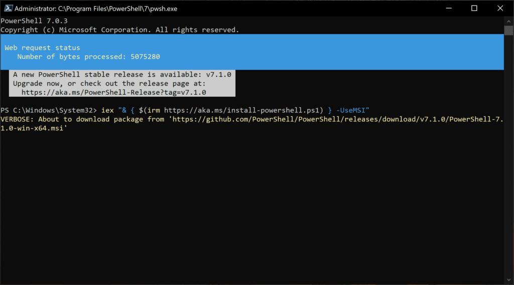 PowerShell V7:- Upgrade from V7.0.3 to V7.1.0 from the command line. - Everything-PowerShell